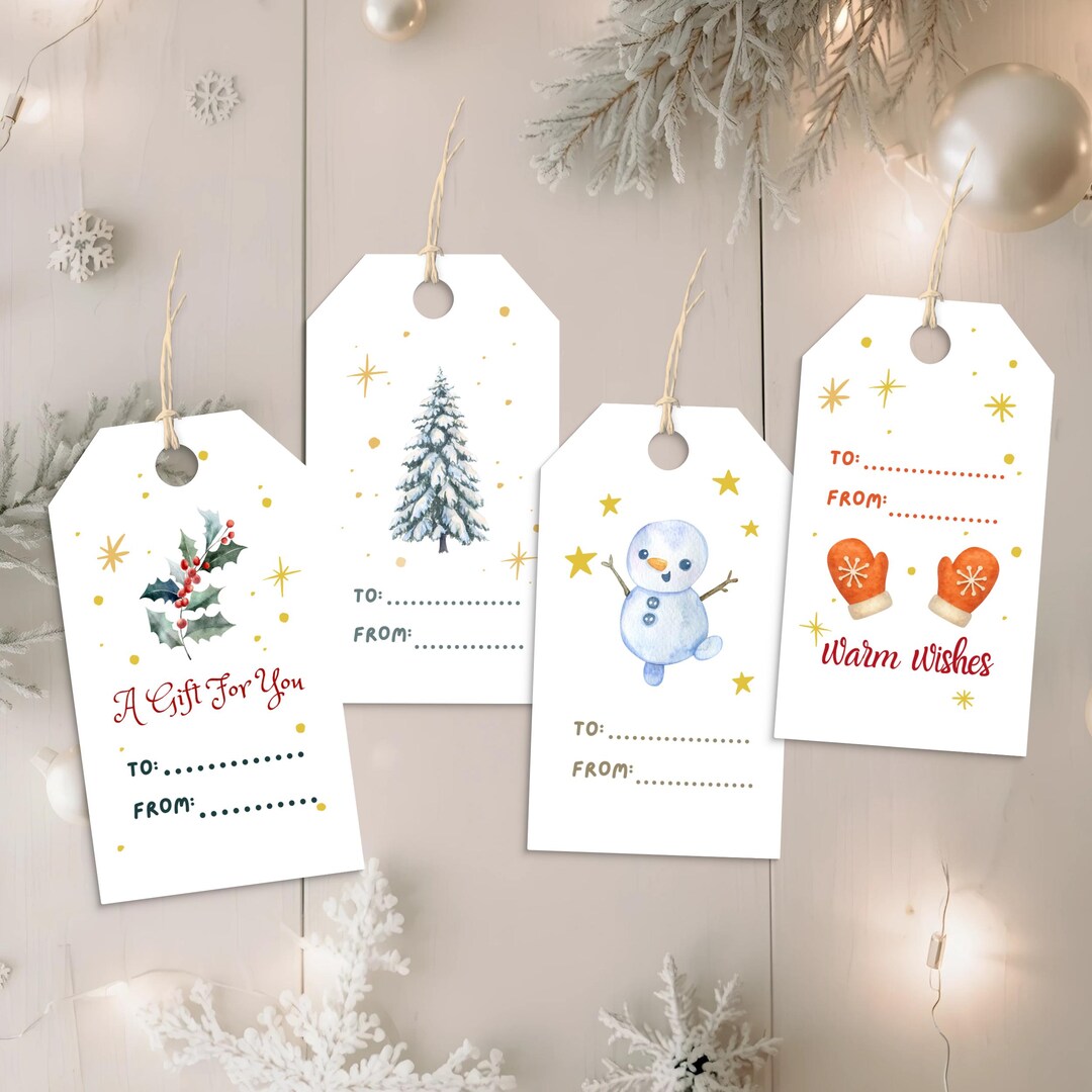 Printable Gift Tags Holiday Winter Theme, Modern, Minimal, Watercolor ...
