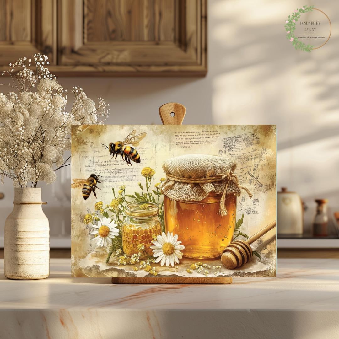 Rustic Honey Bee Glass Chopping Board- Kitchen Decor- Farmhouse Style ...