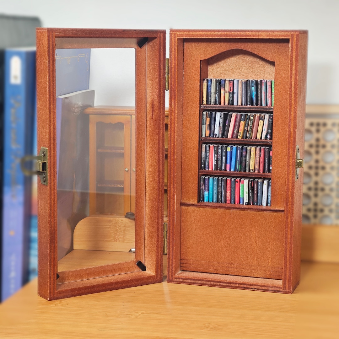 Miniature Wooden Bookshelf With Mini Books - Handmade Display Case for ...