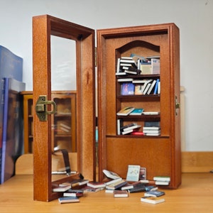Miniature Wooden Bookshelf With Mini Books - Handmade Display Case for ...