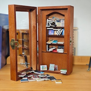 Miniature Wooden Bookshelf With Mini Books - Handmade Display Case for ...
