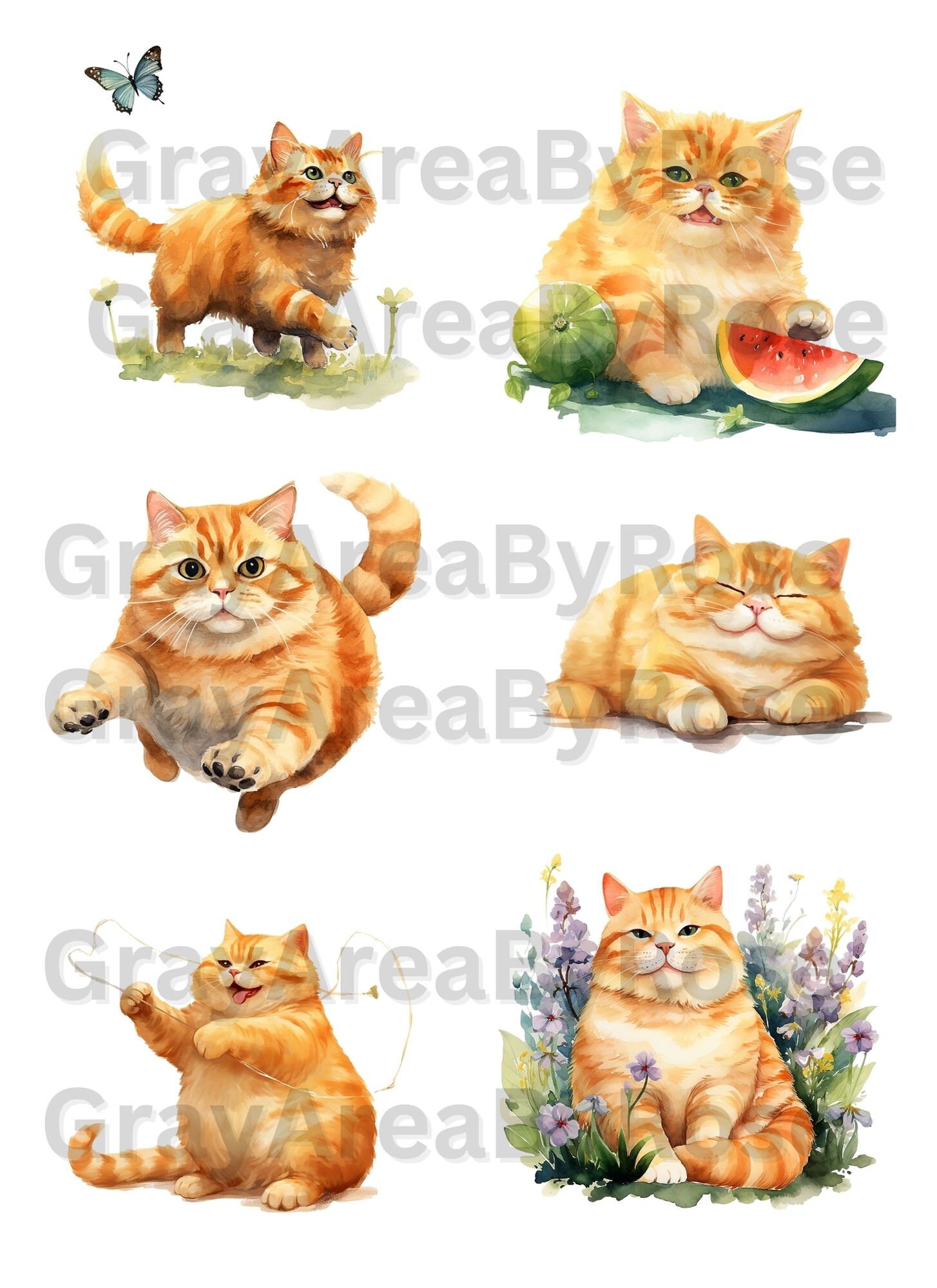 20 Watercolor Orange Cat Clipart Scrapbooking Junk Journal Invitations ...