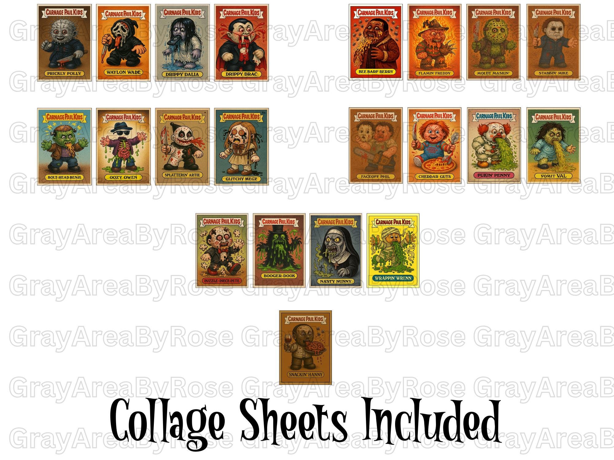 Carnage Pail Kids Horror Trading Cards – 1980s Parody Icons, 23 Pngs ...
