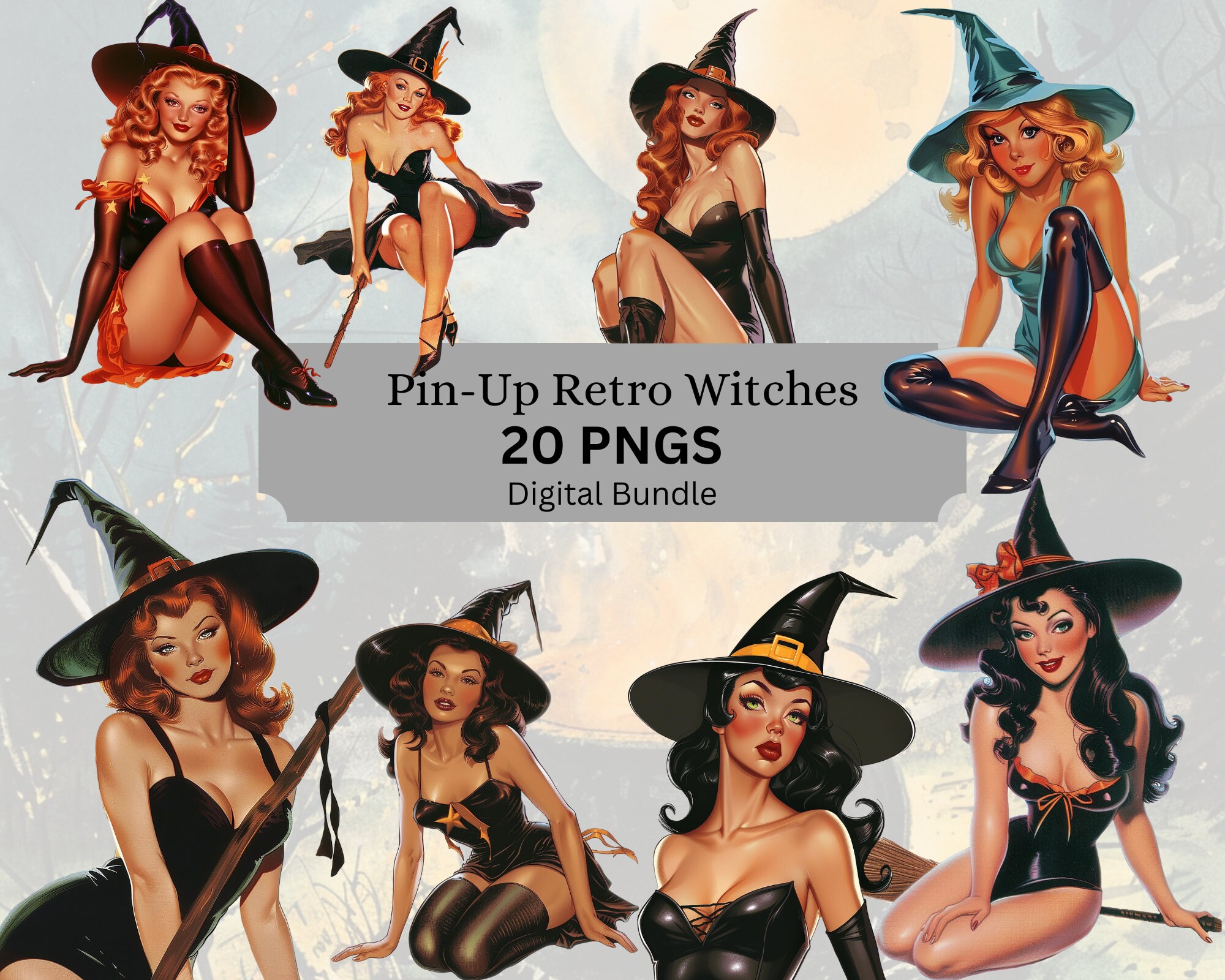 Pin-up Witches Clipart Bundle, Vintage 1950s Pin-ups, Junk Journal Images, Scrapbooking, PNGS ...
