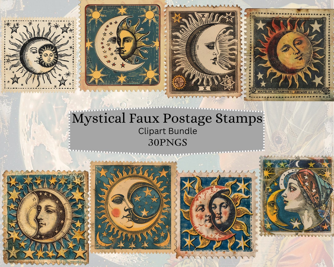 Mystical Sun Moon Faux Postage Stamps, Scrapbook Ephemera (digital ...