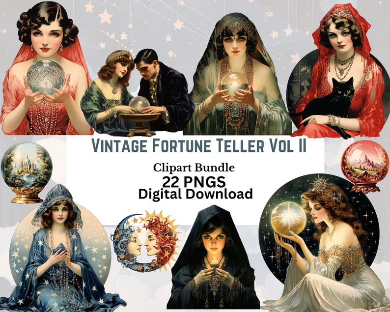 Vintage Fortune Teller Clipart, Scrapbook PNG Bundle (digital Download ...