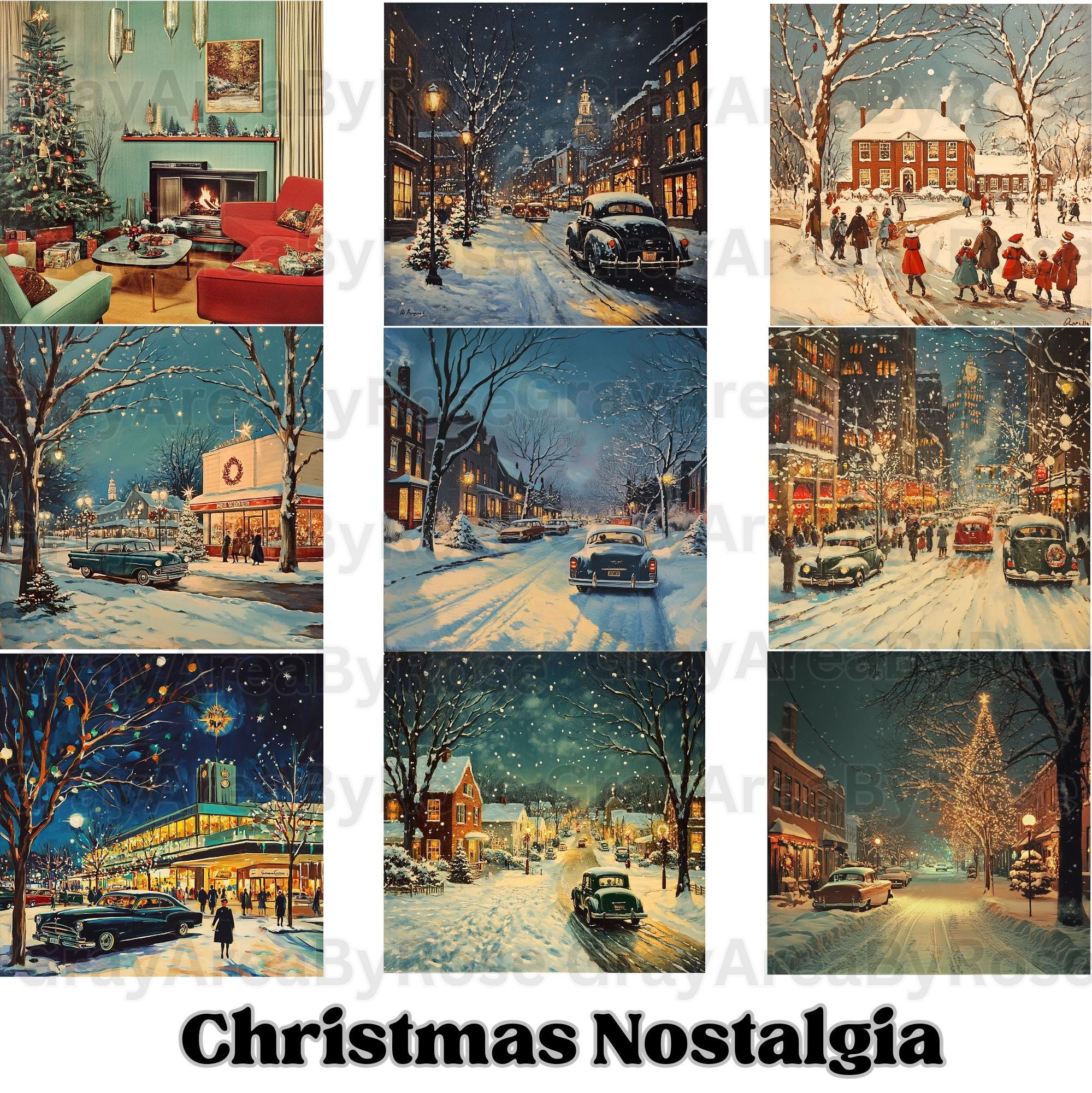 1950s Retro Christmas Scenery Digital Image Bundle, Vintage Christmas ...