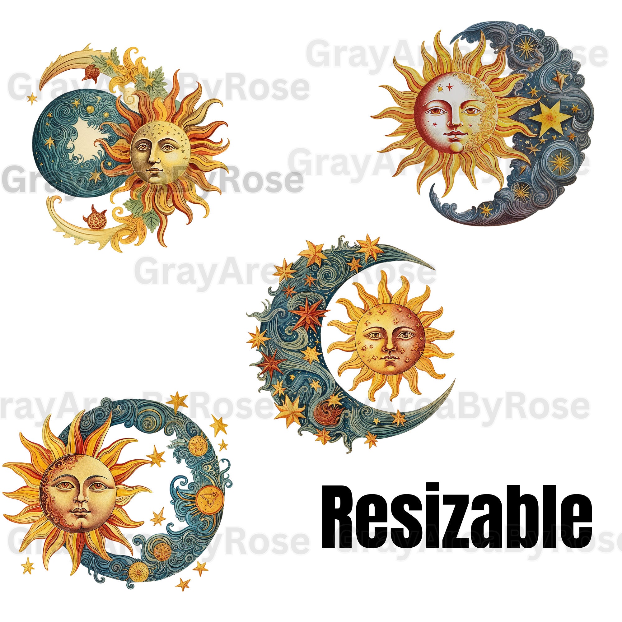 Celestial Sun and Moon Clipart Bundle PNGS, Scrapbooking, Junk Journal ...