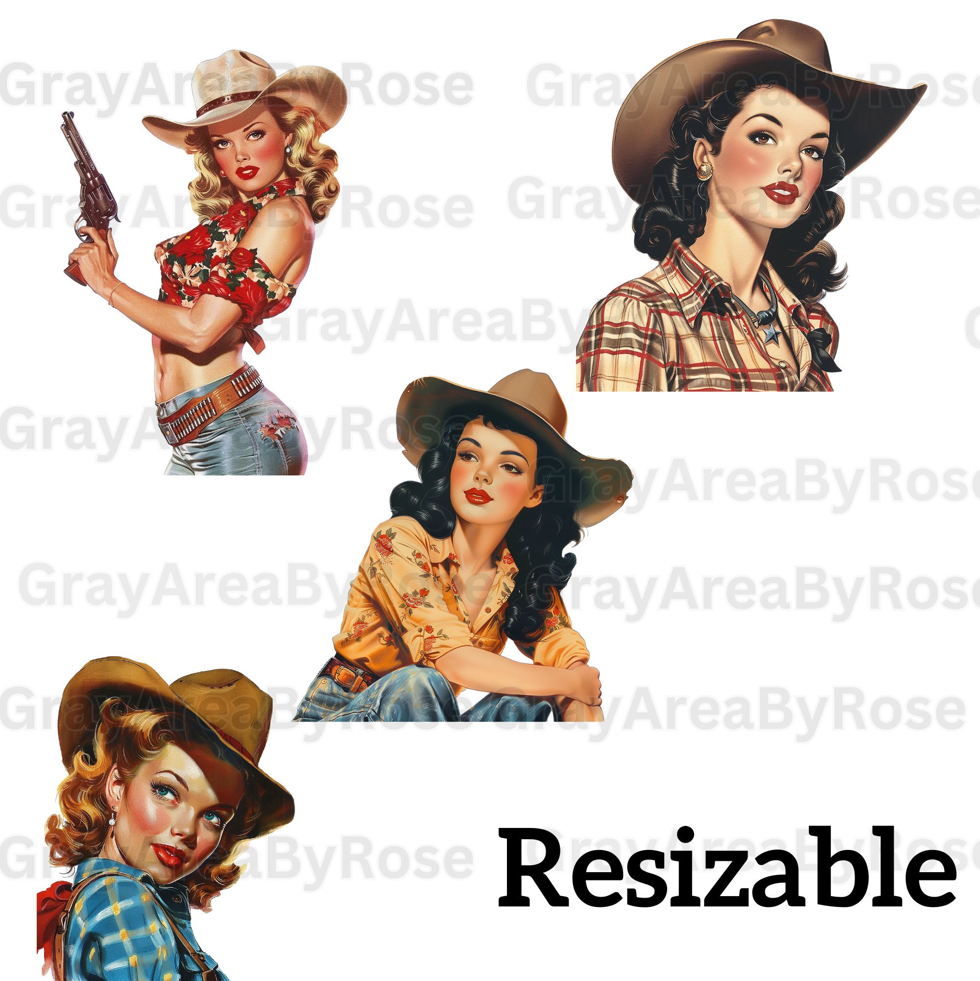 Retro Cowgirl Clipart Bundle, Pinup Cowgirls, PNG, Scrapbooking, Junk ...