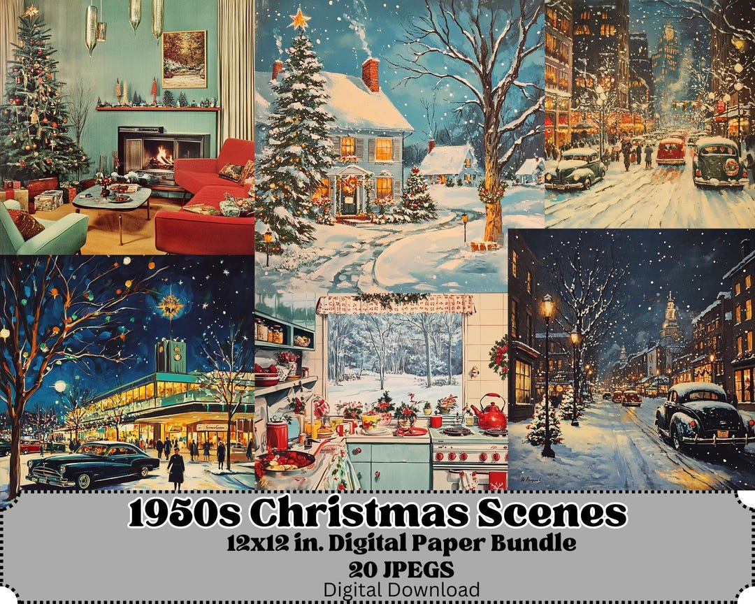 1950s Retro Christmas Scenery Digital Image Bundle, Vintage Christmas ...