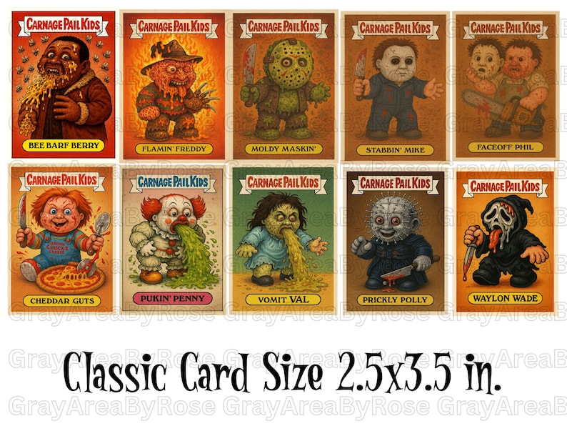 Carnage Pail Kids Horror Trading Cards – 1980s Parody Icons, 23 Pngs ...