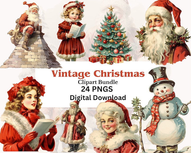 Vintage Christmas Clipart Bundle, Retro Santa, Junk Journal ...