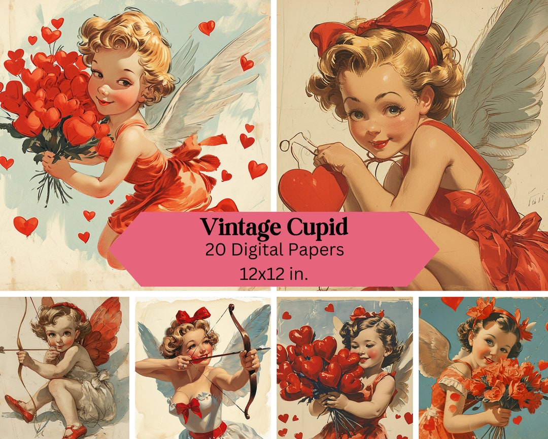 Valentine Cupid Digital Paper Pack, Vintage Inspired Valentine, Card ...