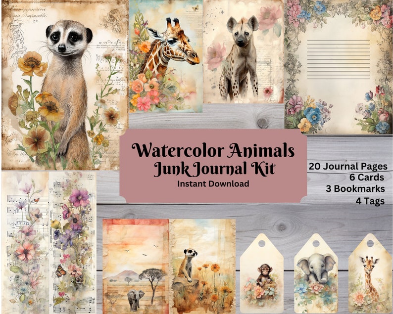 Printable Watercolor Animal Junk Journal Kit Digital Scrapbooking ...