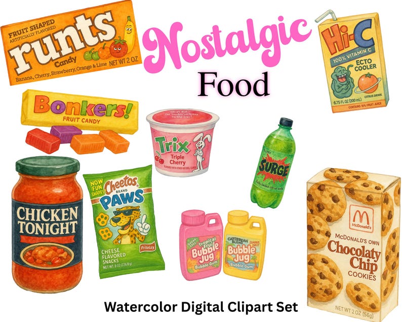 Vintage Snack Clipart Bundle – Retro Food Pngs - Watercolor Style ...