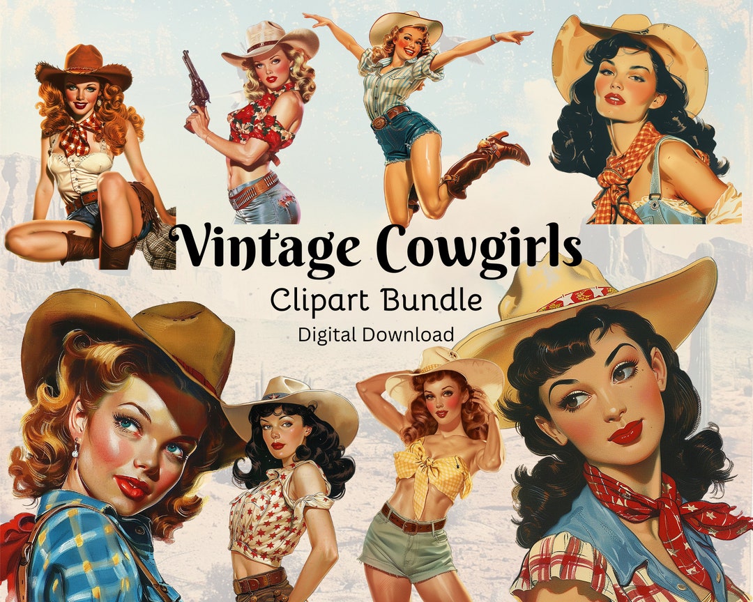 Retro Cowgirl Clipart Bundle Pinup Cowgirls Png Scrapbooking Junk Journal Ephemera