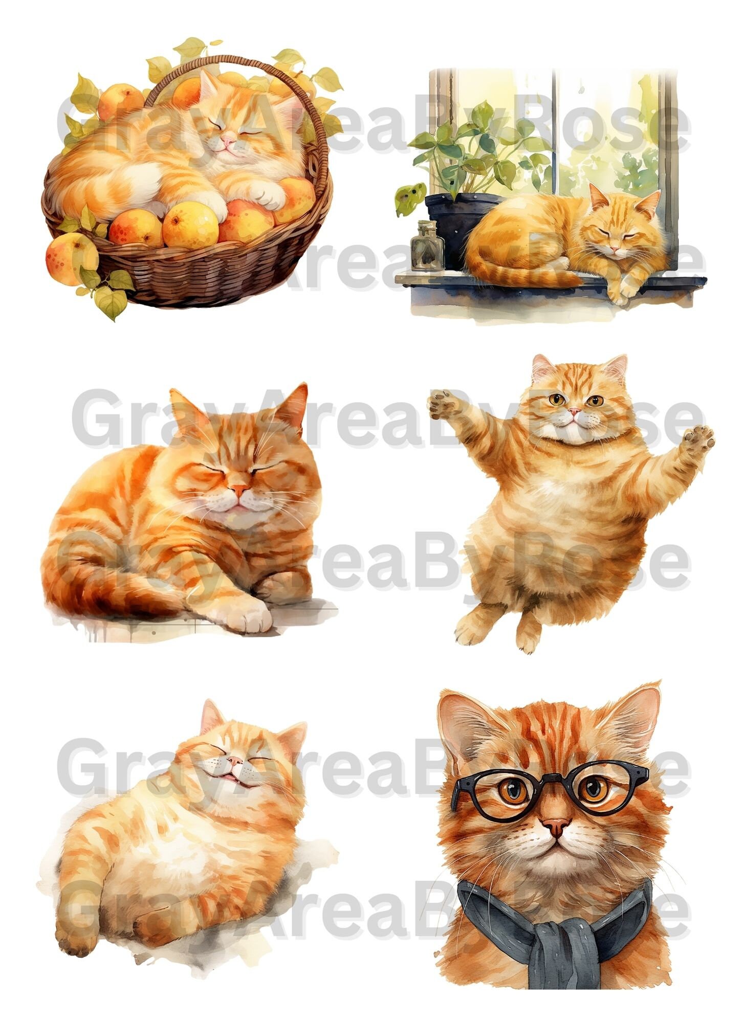 20 Watercolor Orange Cat Clipart Scrapbooking Junk Journal Invitations ...