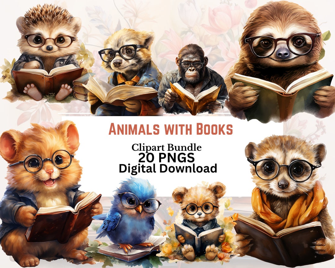 Animals With Books Clipart Bundle, Bookworm, Book Lover PNG, Scrapbook ...