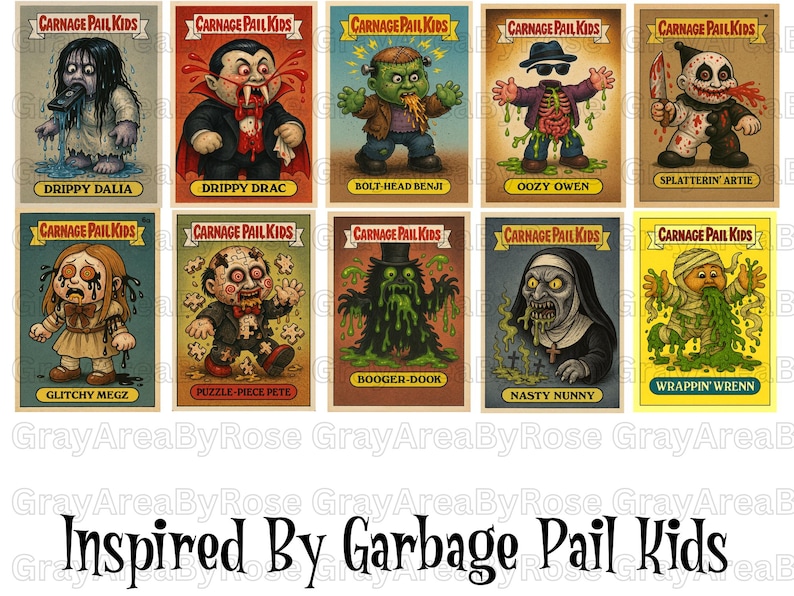 Carnage Pail Kids Horror Trading Cards – 1980s Parody Icons, 23 Pngs ...