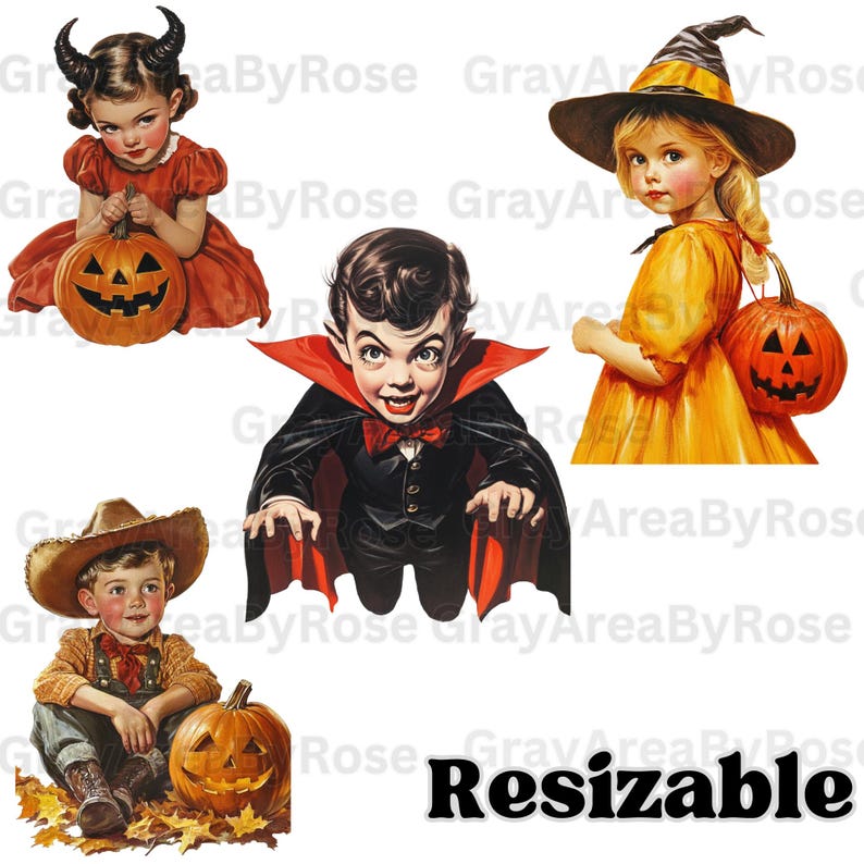 Retro 1950s Halloween Clipart, Autumn, Fall, Pumpkin PNG, Kid Halloween ...