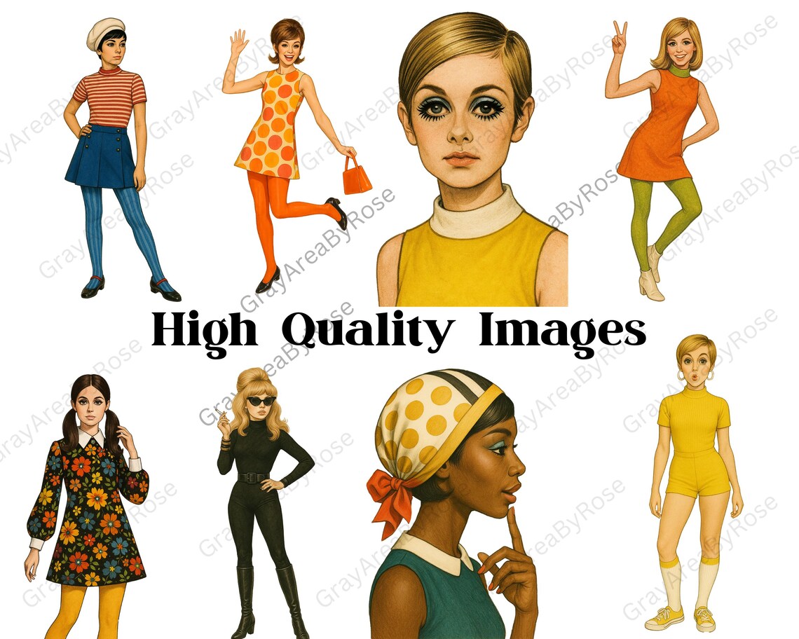1960s Mod Fashion Illustration Bundle – 20 Pngs, Retro Paper Doll Style ...