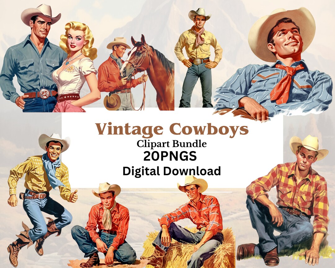 Vintage Cowboy Clipart Bundle, Scrapbooking, Junk Journal, 20 Pngs ...