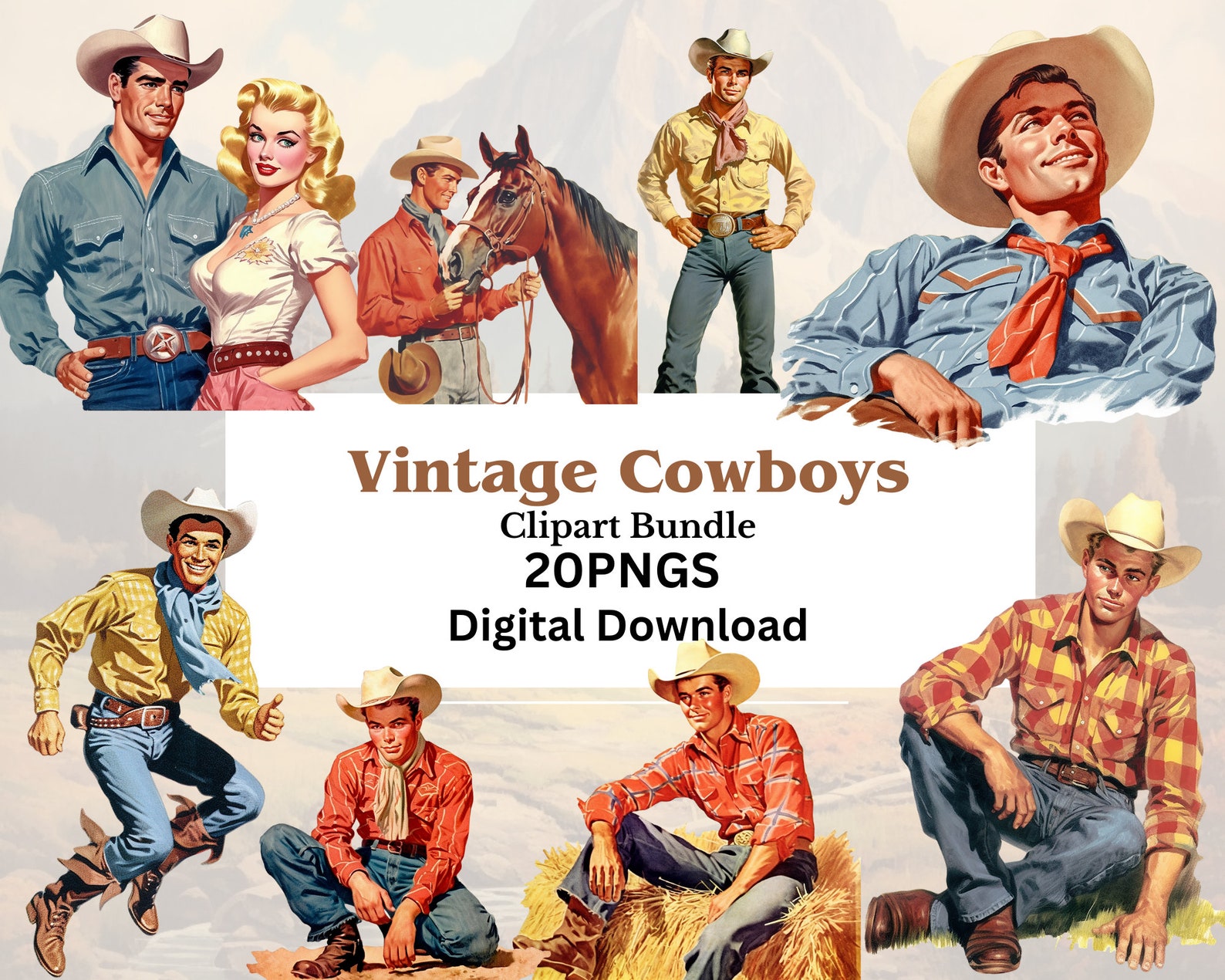 Vintage Cowboy Clipart Bundle, Scrapbooking, Junk Journal, 20 Pngs ...