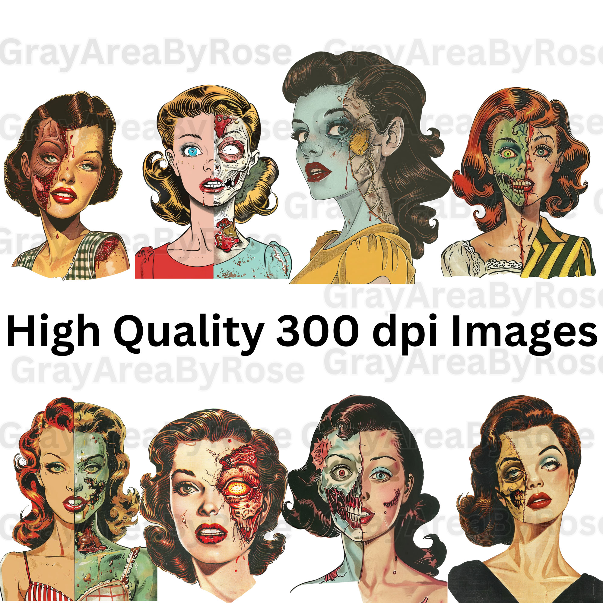 Vintage Zombie Women Clipart, 1950s Horror PNG Bundle - Etsy