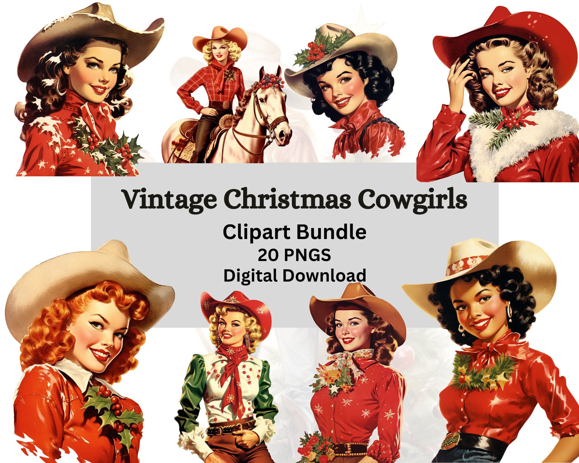 Vintage Christmas Cowgirls Clipart, 20 Pngs, Western Art (digital ...