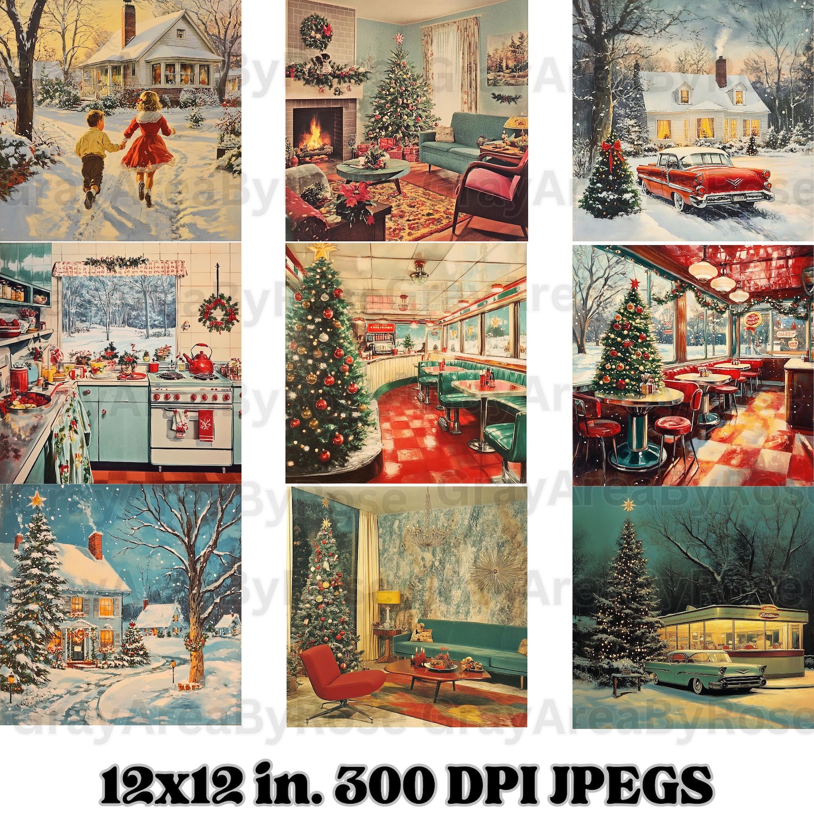 1950s Retro Christmas Scenery Digital Image Bundle, Vintage Christmas ...