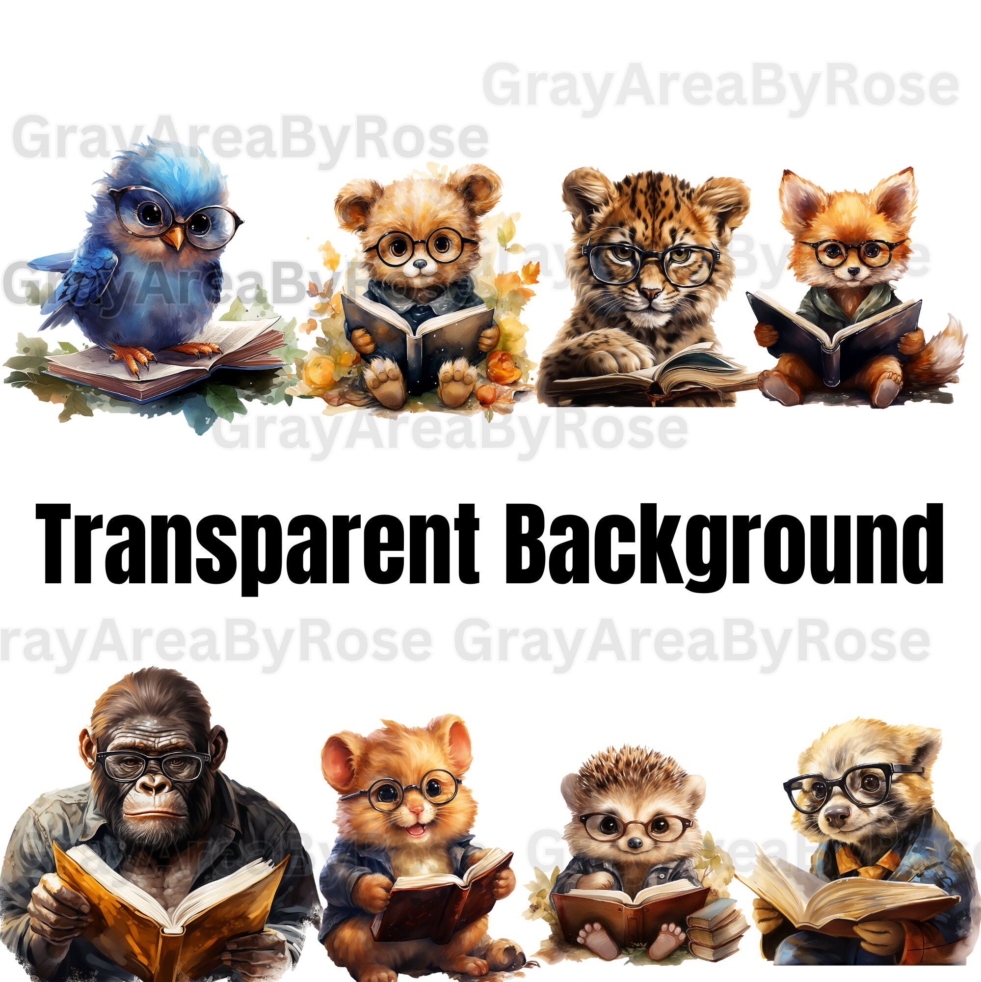 Animals With Books Clipart Bundle, Bookworm, Book Lover PNG, Scrapbook ...