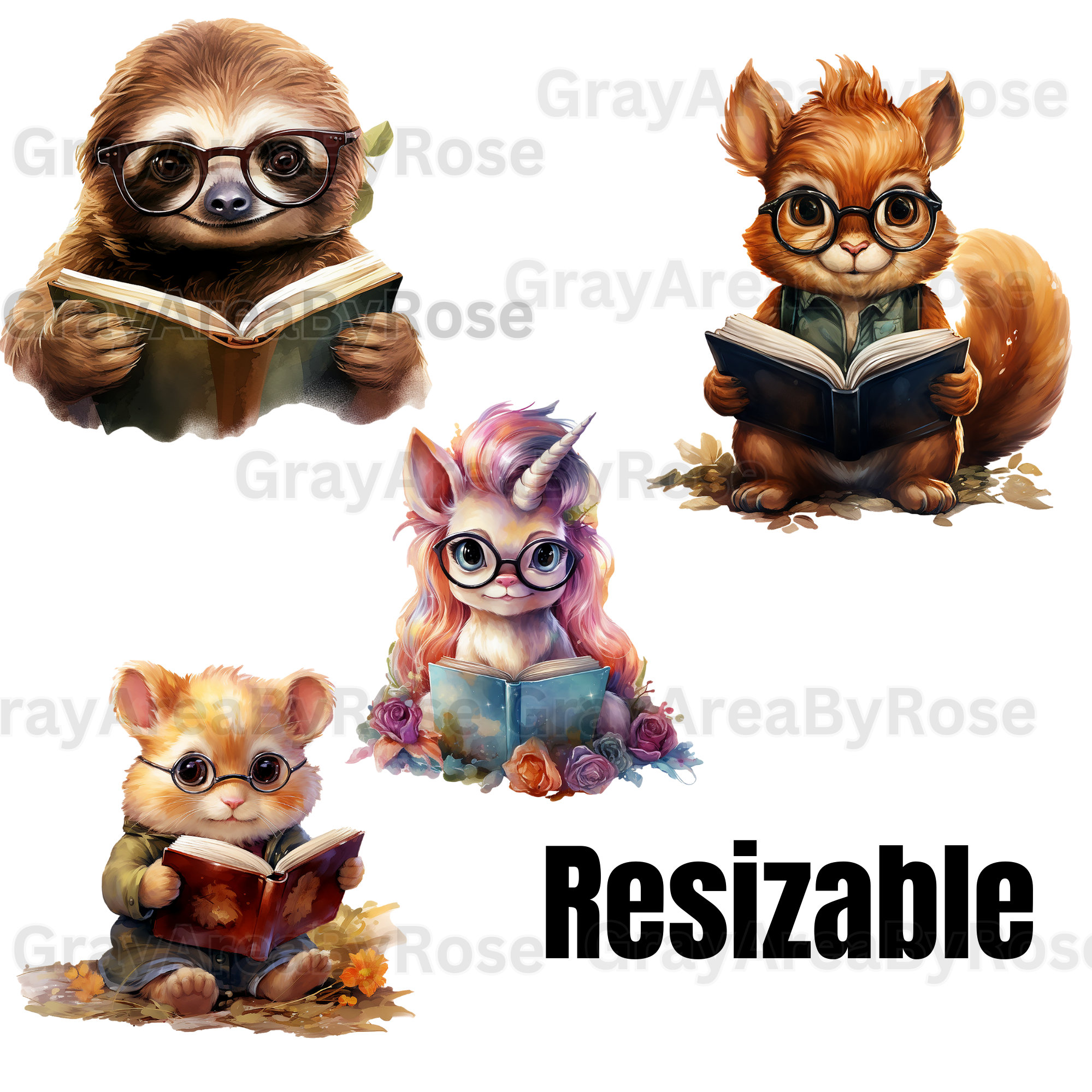 Animals With Books Clipart Bundle, Bookworm, Book Lover PNG, Scrapbook ...