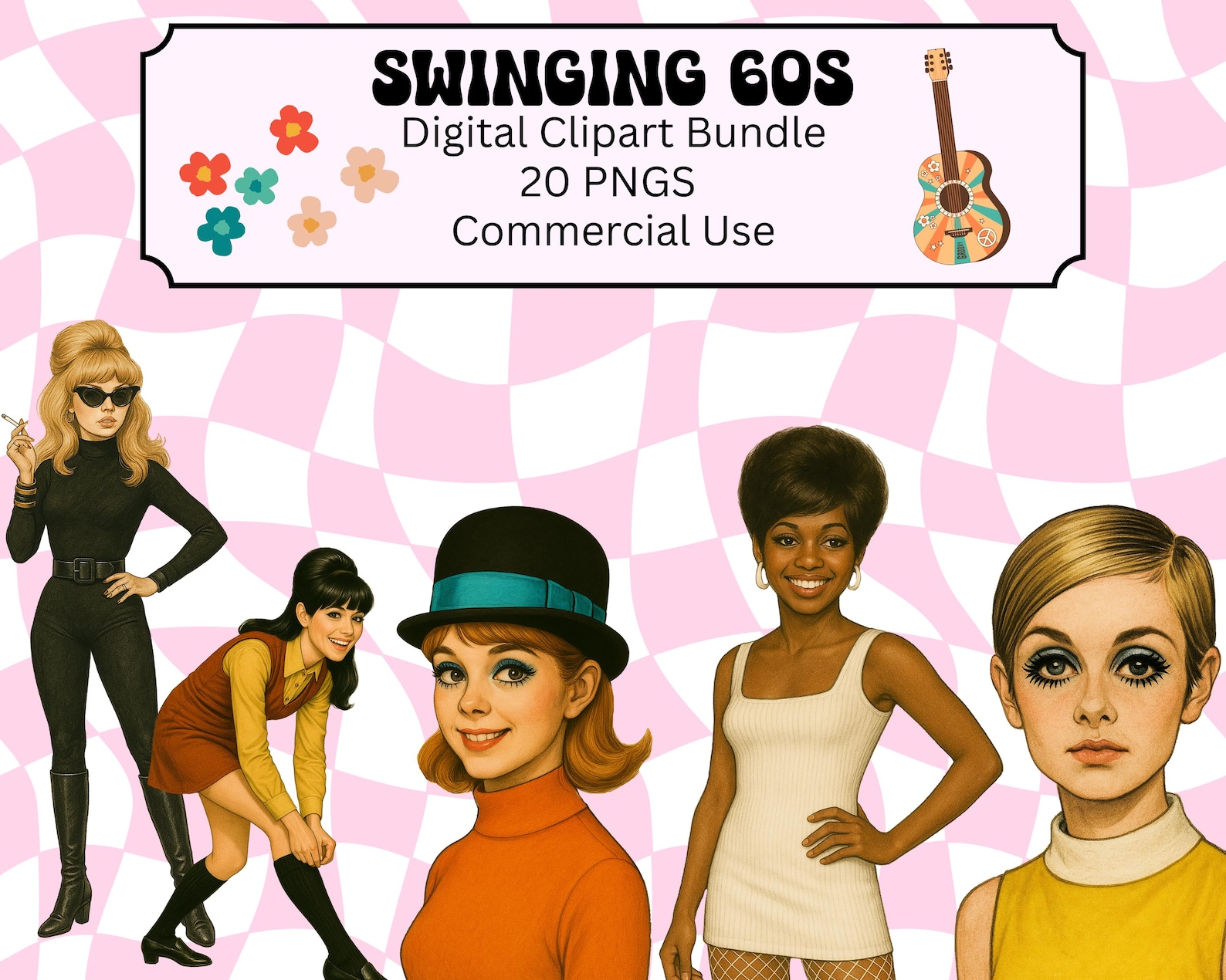 1960s Mod Fashion Illustration Bundle – 20 Pngs, Retro Paper Doll Style ...