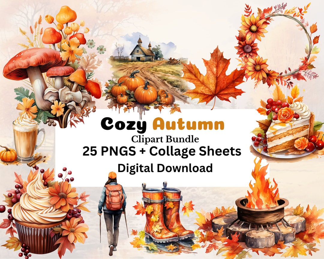 Watercolor Cozy Autumn Clipart 25 PNG Images + Bonus Sheet Scrapbooking ...