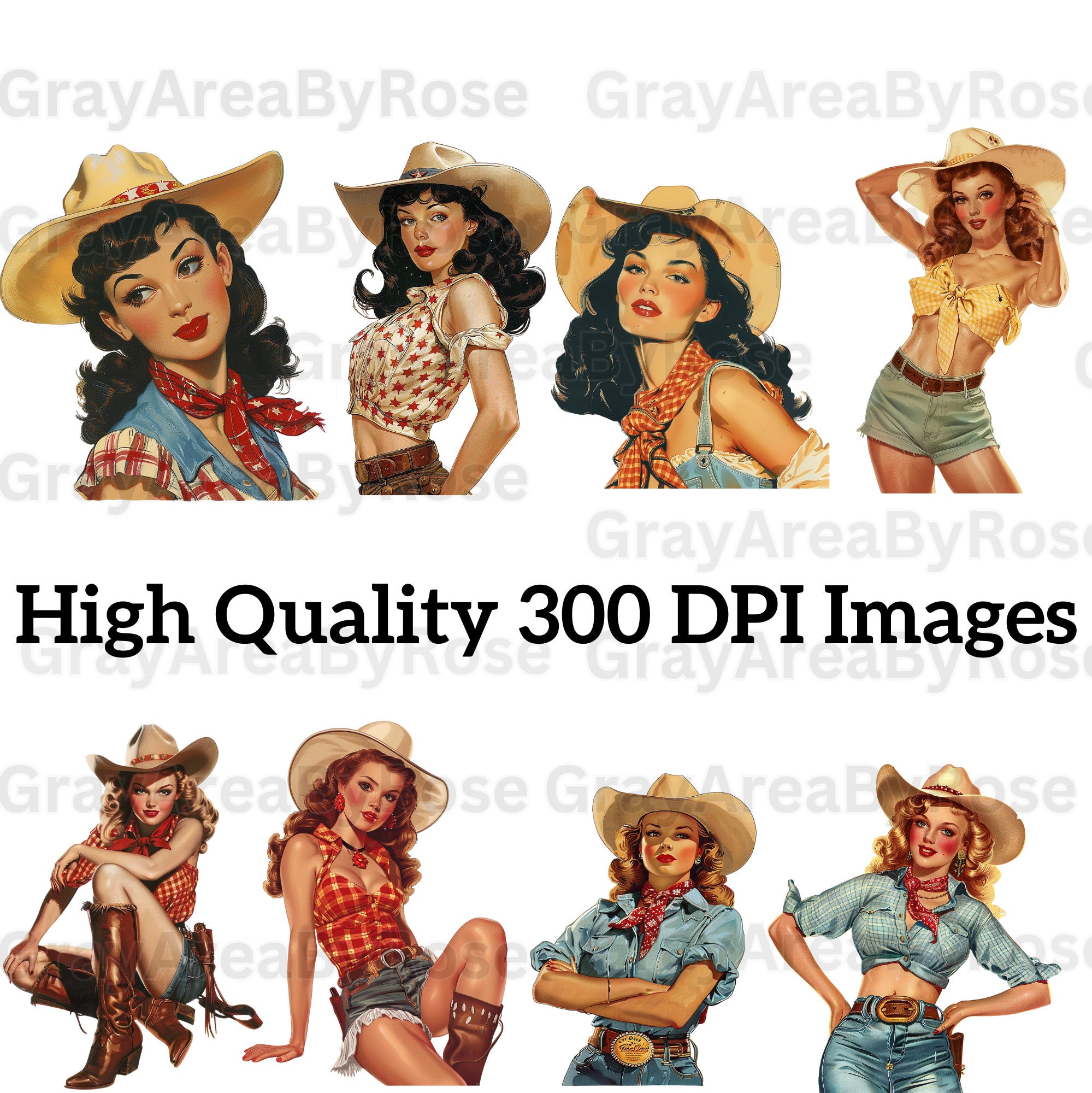 Retro Cowgirl Clipart Bundle Pinup Cowgirls Png Scrapbooking Junk