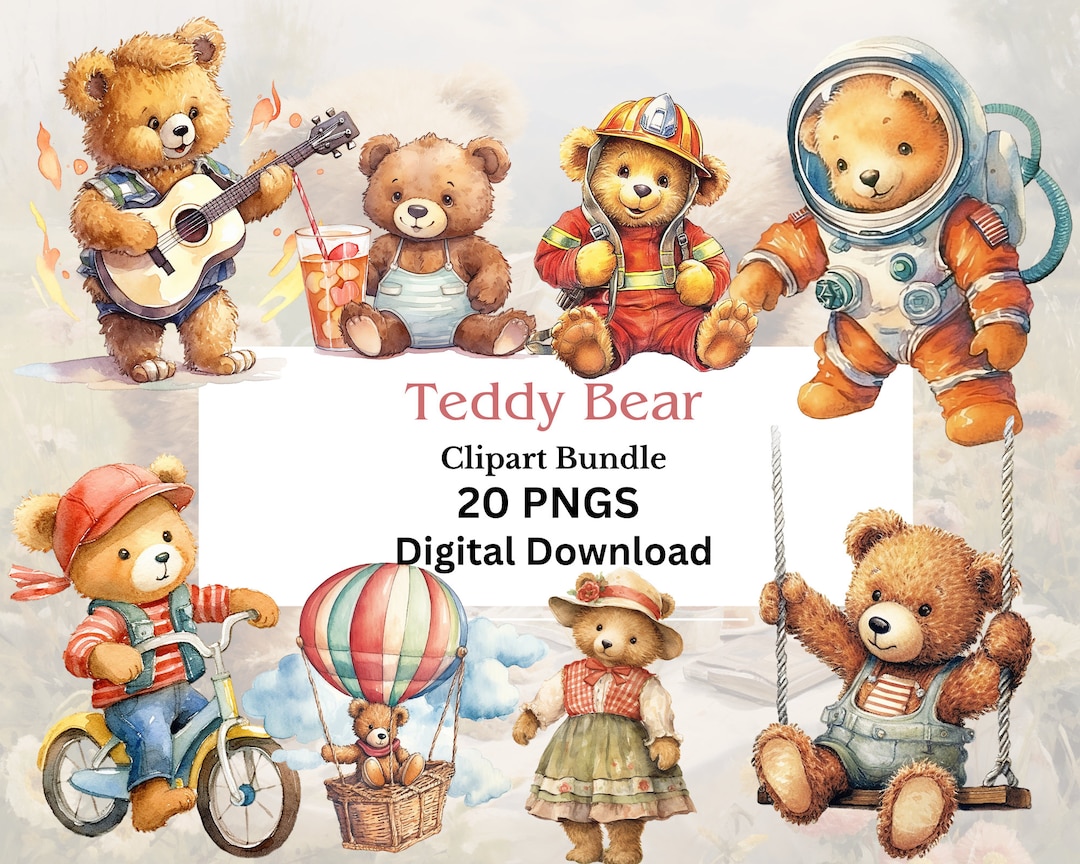 Watercolor Teddy Bear Clipart Bundle, Scrapbooking, Junk Journal, PNGS ...