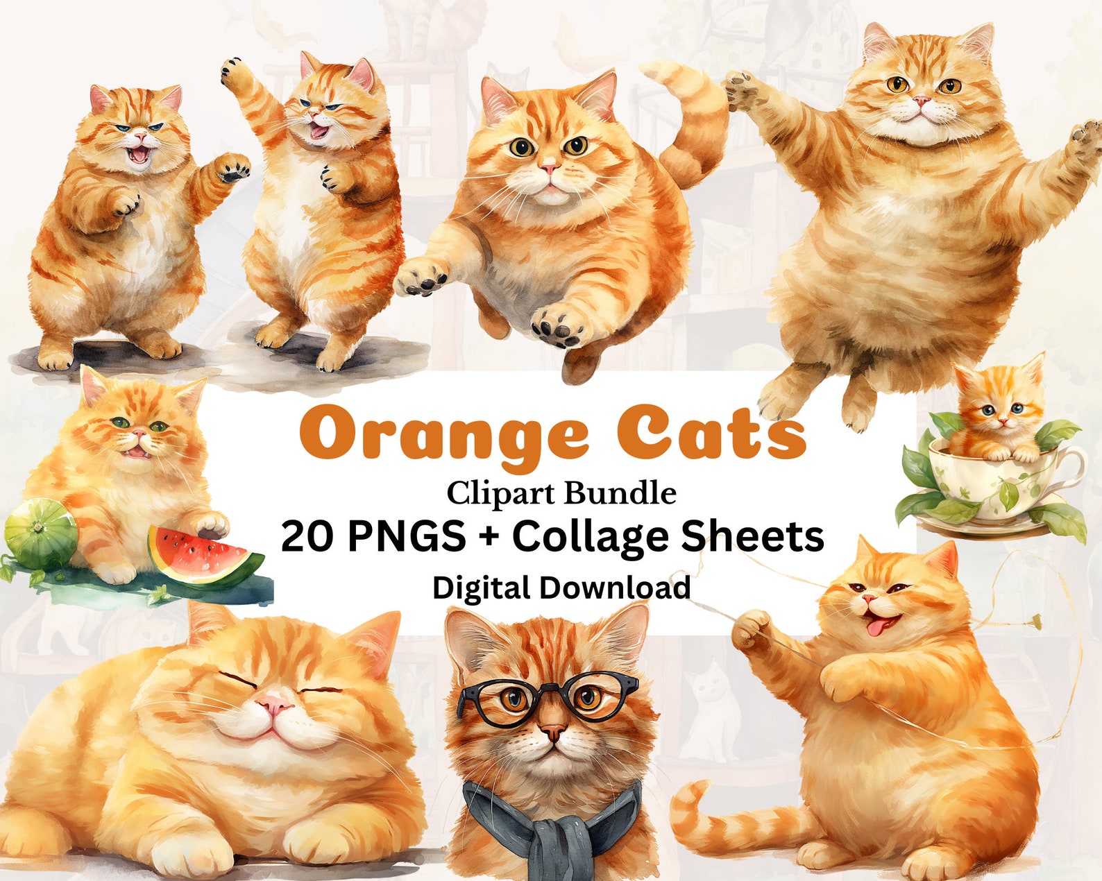 Watercolor Orange Cat Clipart Scrapbooking Junk Journal Invitations ...