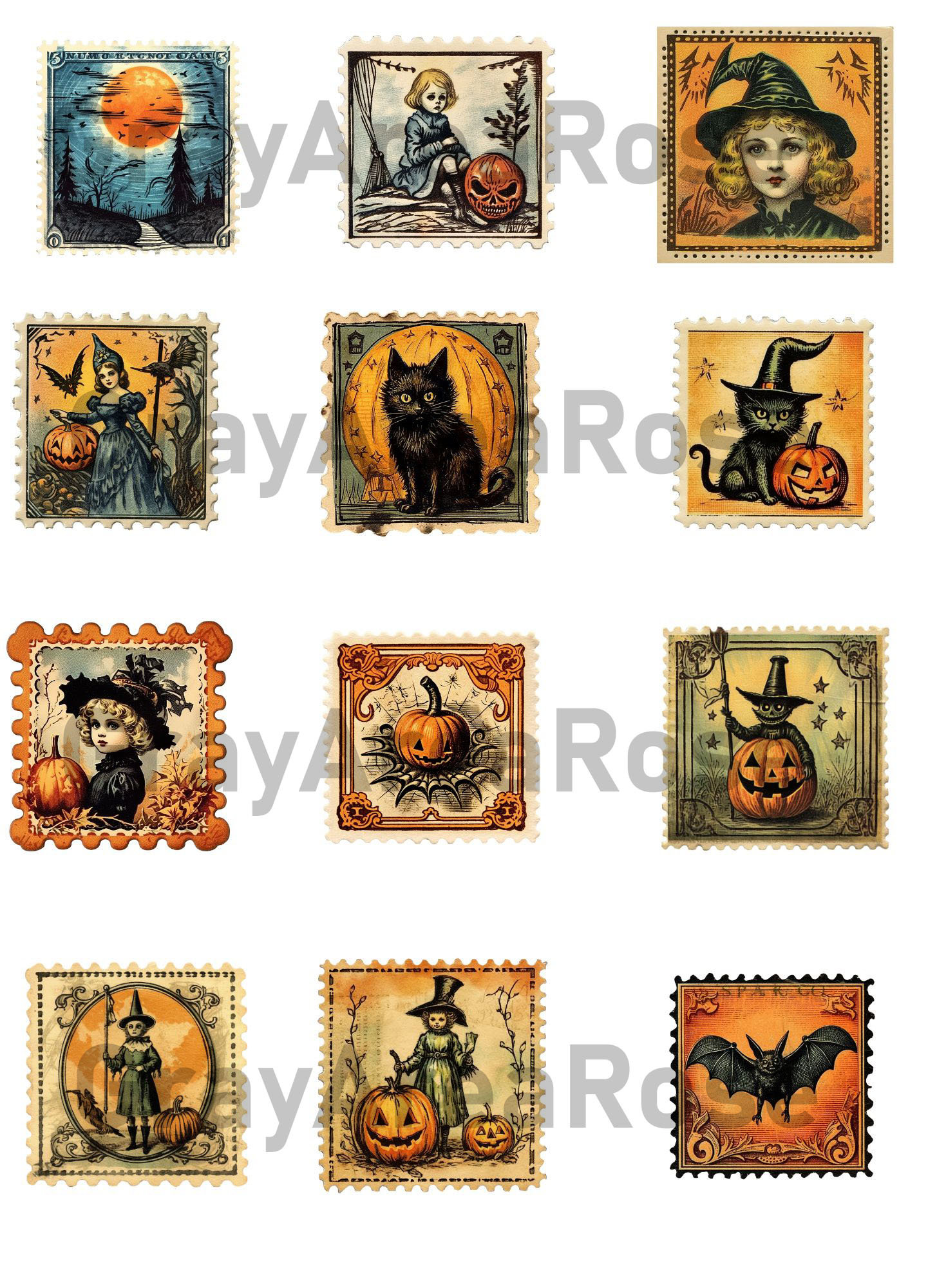 Halloween Vintage Faux Postage Stamps Clipart PNGS Collage Sheet Junk ...