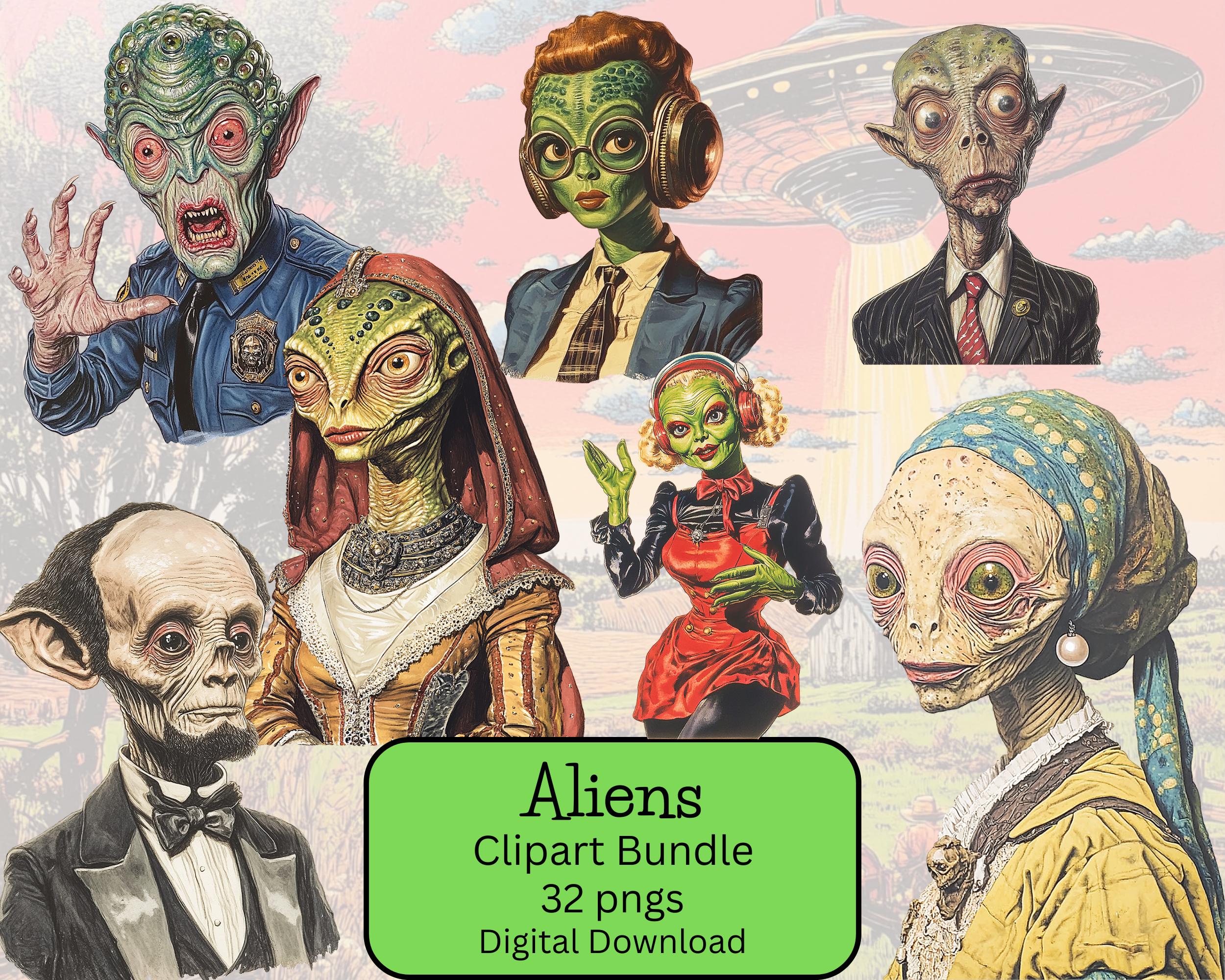 Alien Clipart Bundle, Vintage Inspired, UFO, Funny Alien, Supernatural ...