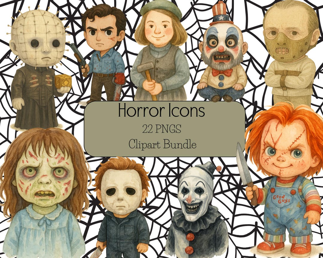 Horror Icons Clipart Bundle, Adorable Watercolor Chibi, Villains PNG ...