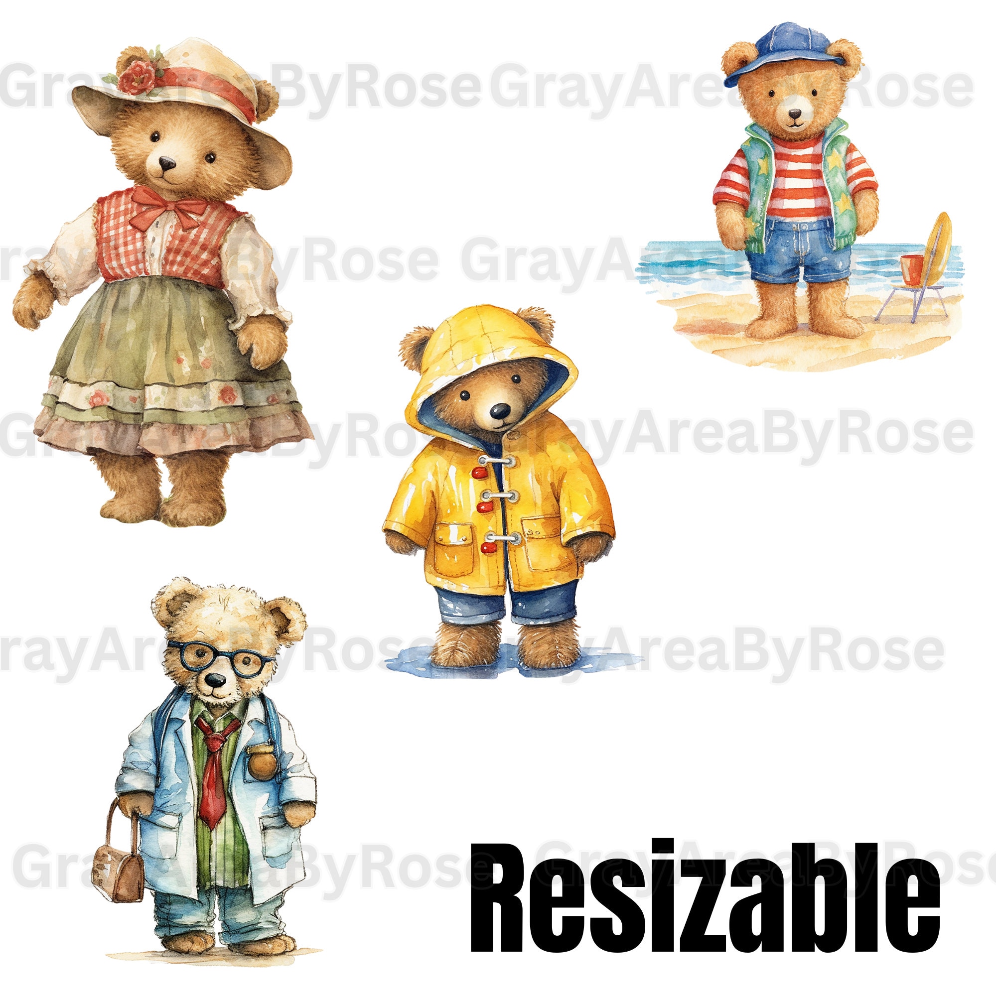 Watercolor Teddy Bear Clipart Bundle, Scrapbooking, Junk Journal, PNGS ...