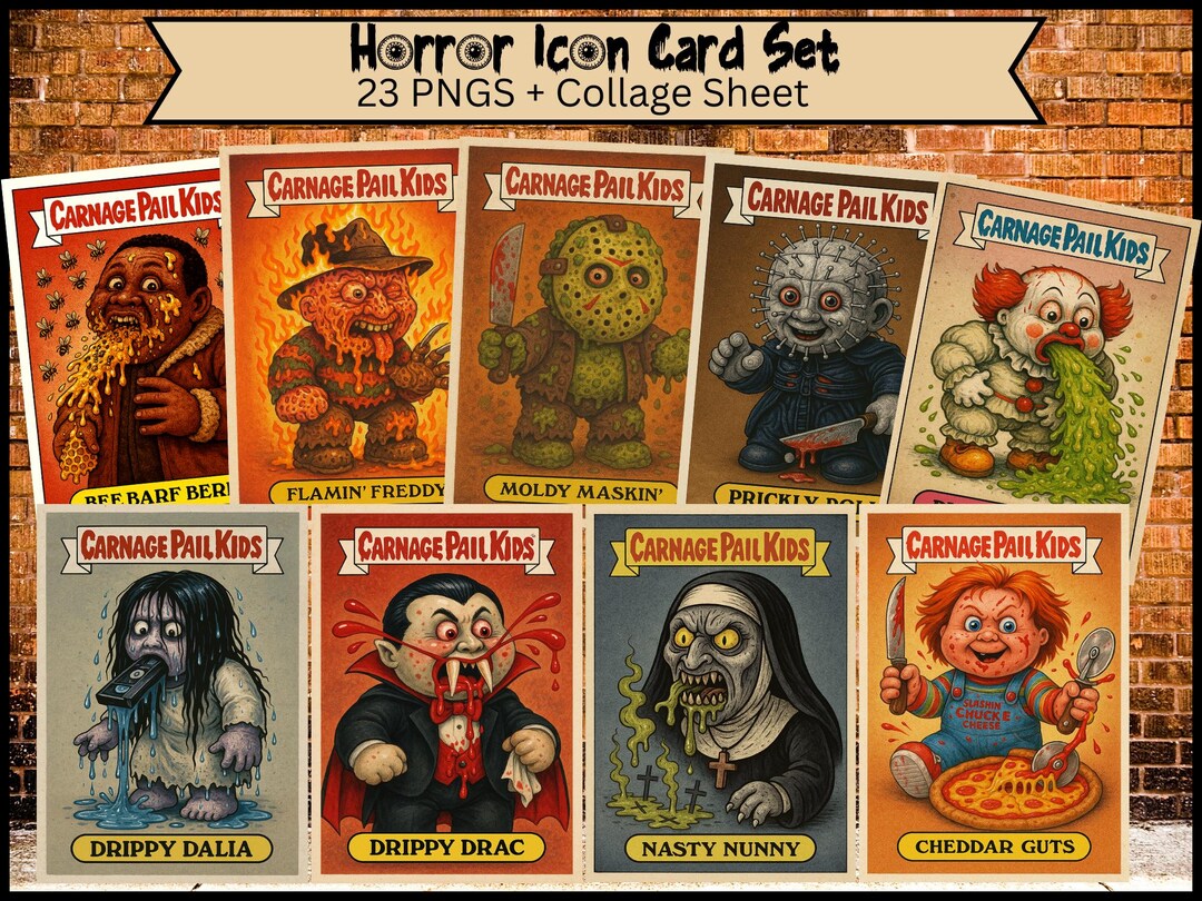 Carnage Pail Kids Horror Trading Cards – 1980s Parody Icons, 23 Pngs ...