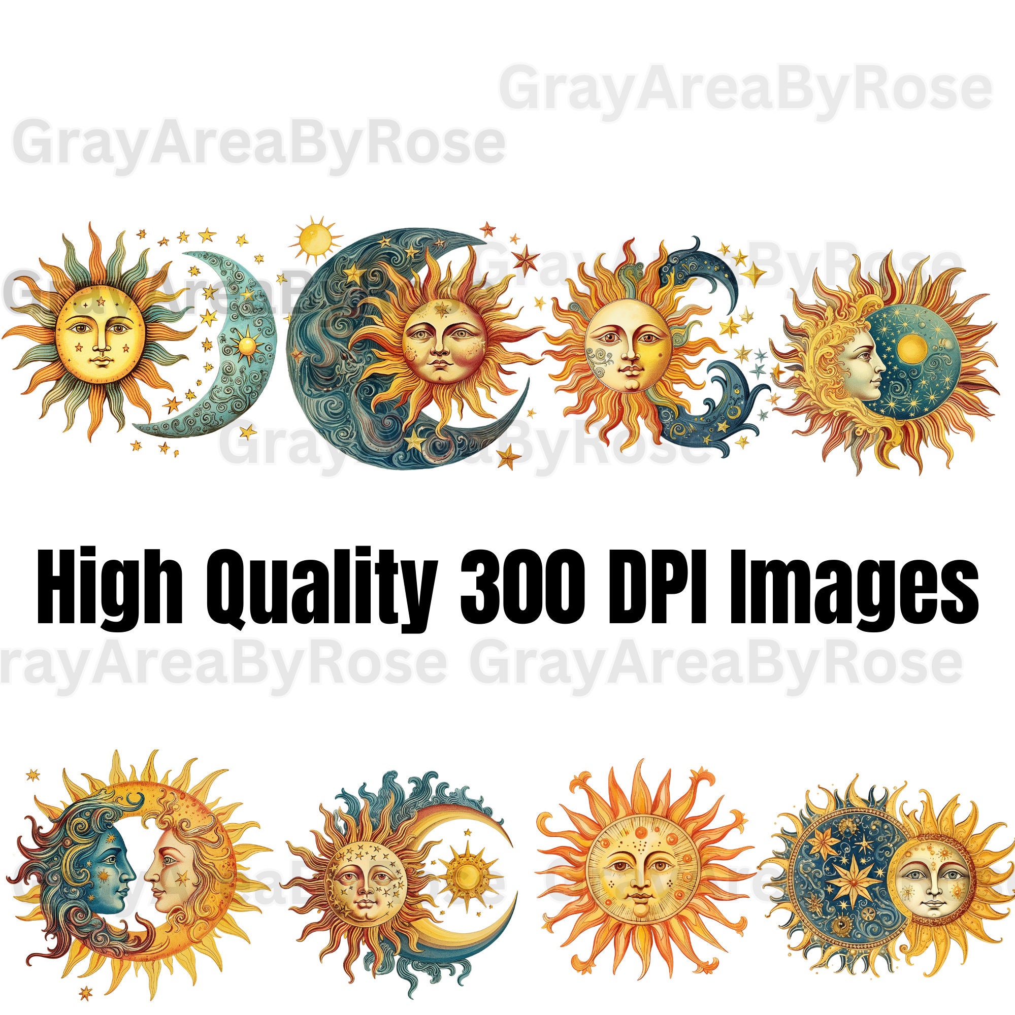 Celestial Sun and Moon Clipart Bundle PNGS, Scrapbooking, Junk Journal ...