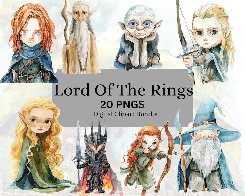 Lord of the Rings Clipart Bundle, Chibi Watercolor, Gollum, Gandfalf, Scrapbooking, Junk Journal ...