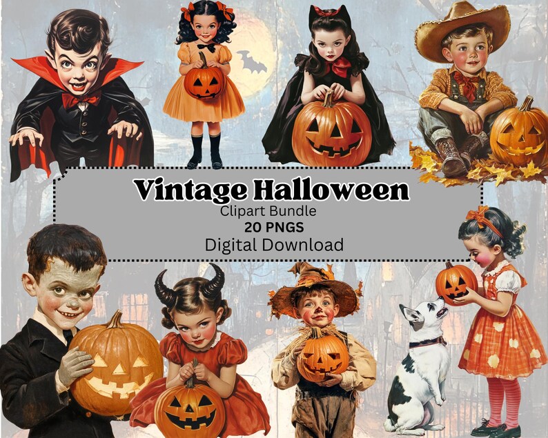 Retro 1950s Halloween Clipart, Autumn, Fall, Pumpkin PNG, Kid Halloween ...