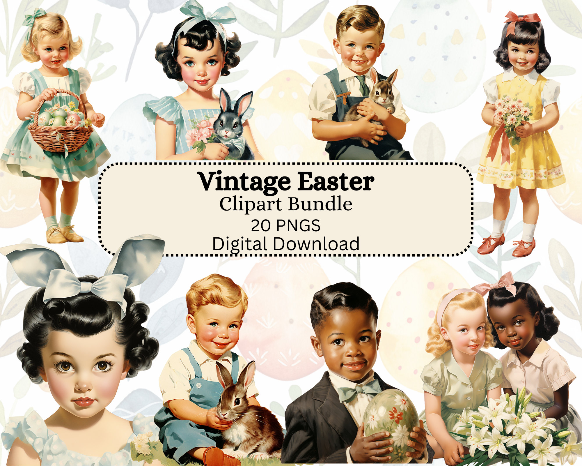 Vintage 1950s Easter Clipart Bundle, Retro Easter PNG, Easter Bunny ...