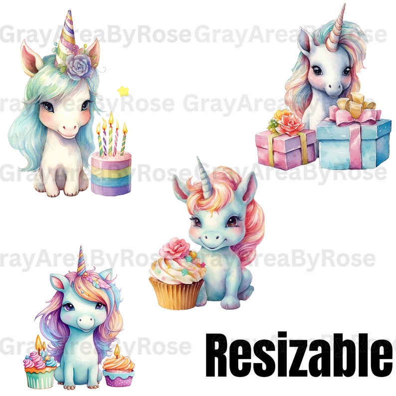 Birthday Unicorn Clipart Bundle, 20 PNG, Pastels, Fantasy Art ...
