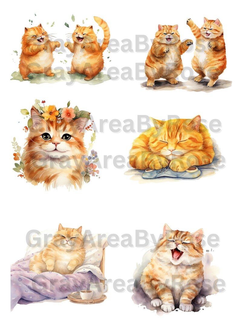 20 Watercolor Orange Cat Clipart Scrapbooking Junk Journal Invitations ...