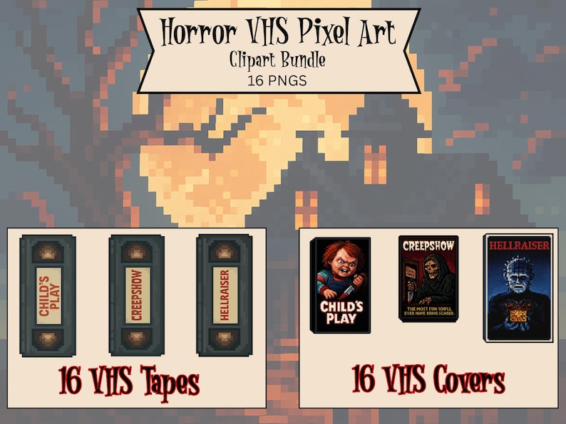 Pixel Horror VHS Covers and Tapes | Retro Halloween Clipart Bundle ...