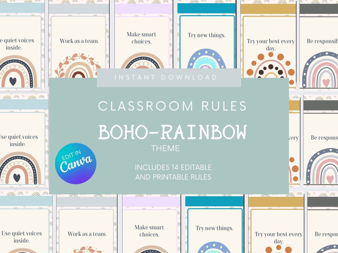 Boho Theme Classroom Rules - Editable Canva Template, Classroom Rule ...